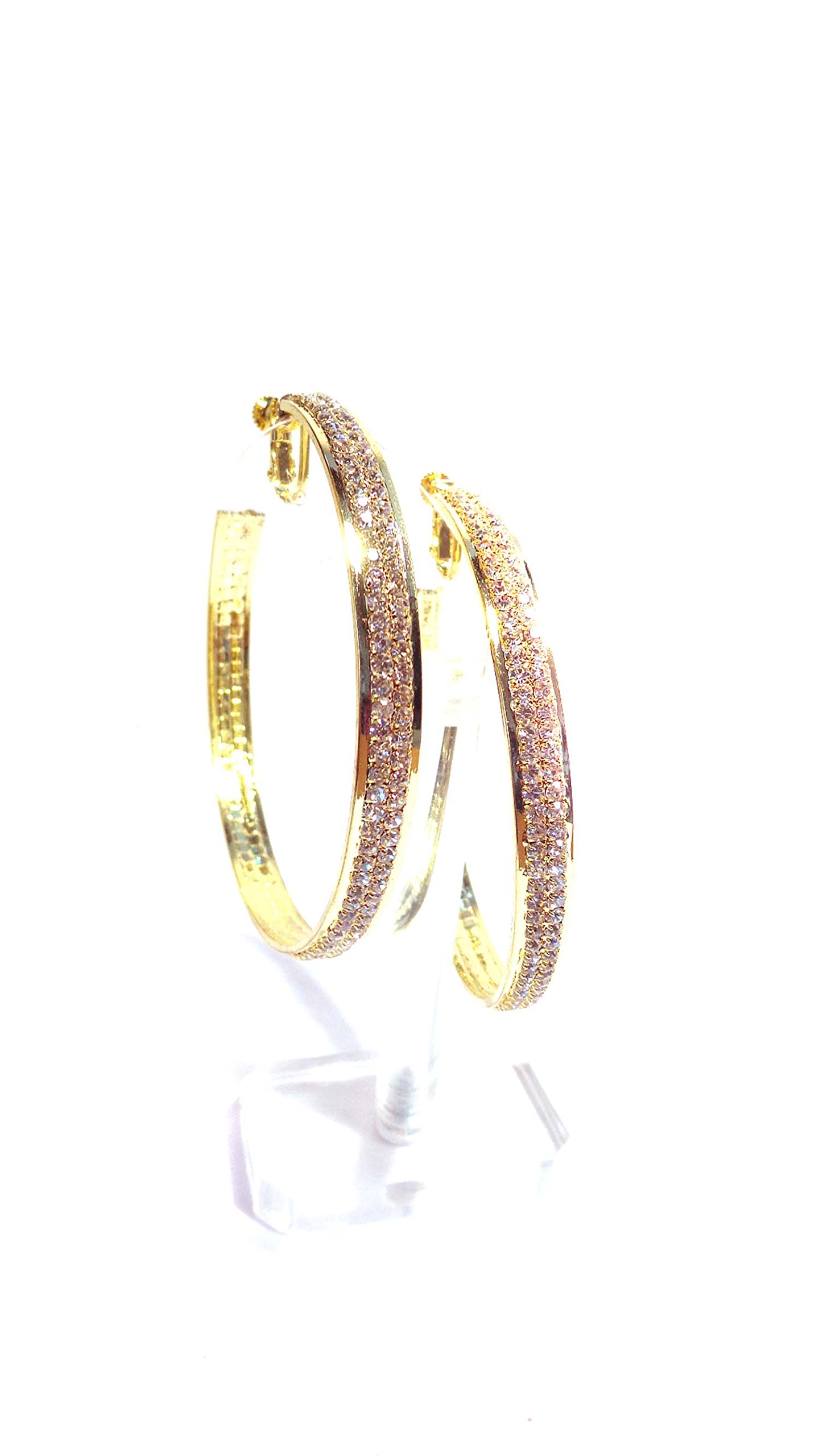 Clip-on Earrings Gold Tone Double Crystal Hoop Earrings 3 Inch Clip Hoop Earrings for Non Pierced Ears