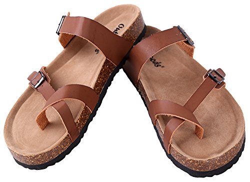 OUTWOODS Women's Bork-30 Vegan Leather Slide On Toe Loop Sandals, Brown 10