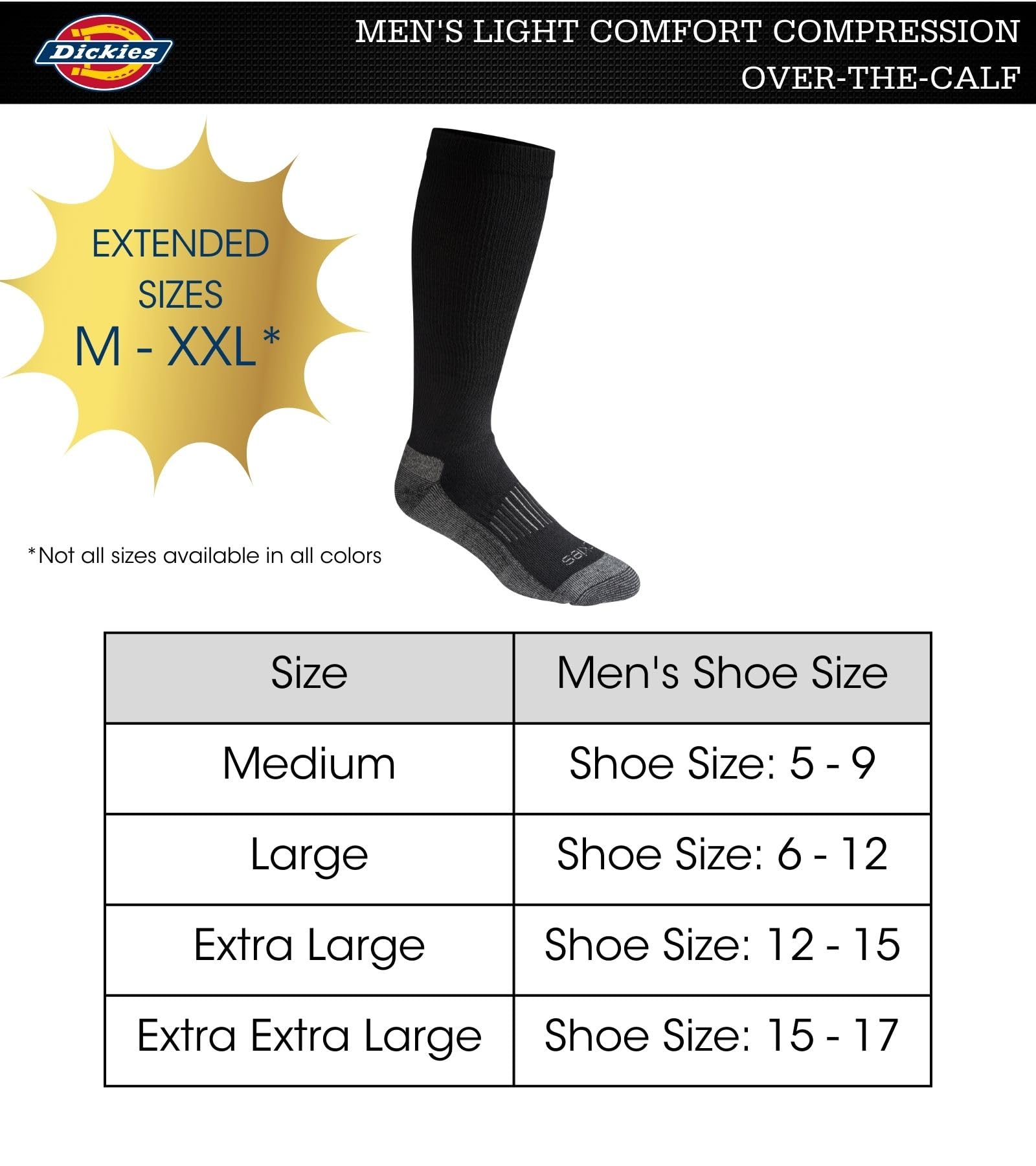Dickies Men's Light Comfort Compression Over-The-Calf Socks, Black (2 Pairs), Shoe Size: 12-15