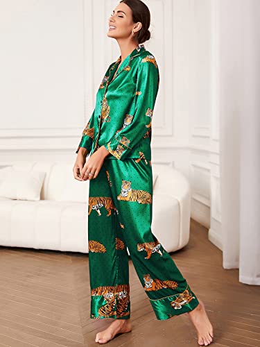 SheIn Women's Satin Sleepwear Lapel V Neck Leopard Print Long Sleeve Pajamas Set Green Polka Dot & Tiger Print Medium