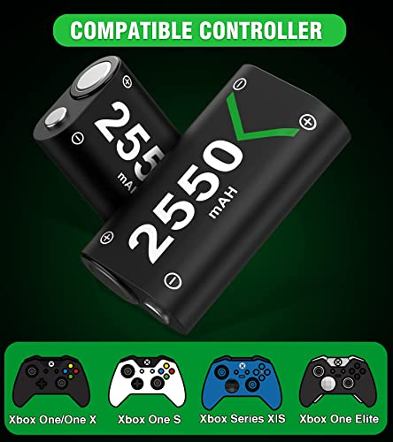 Mocagen Rechargeable Battery Pack for Xbox One/Xbox Series X|S Controller Battery, 2 X 2550mAh One S/Xbox X/Xbox Elite Batteries, 2 Pack-Green (Q08S-MG-US)