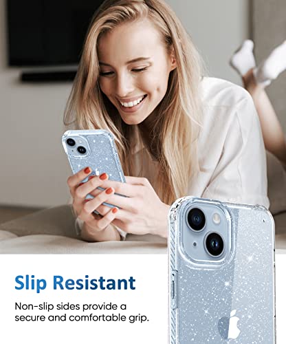 MIODIK for iPhone 14 Case with Screen Protector + Camera Lens Protector, [Non-Yellowing] Clear Glitter Phone Case, [Military-Grade Protective] Shockproof Women Cover for 6.1 Inch - Sparkle Clear