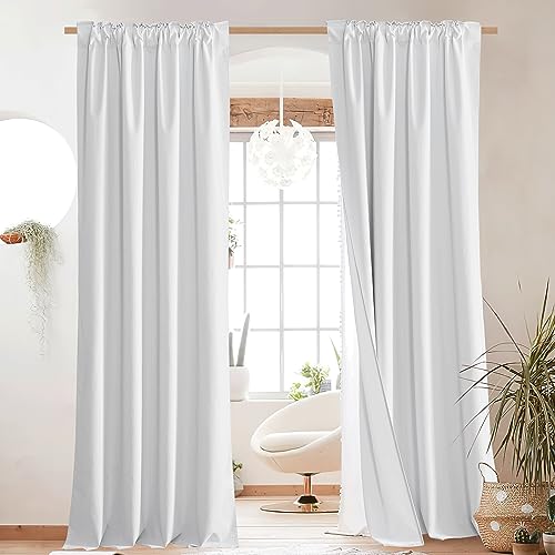 NICETOWN Back Tab 100% Blackout Linen Curtains with Thermal Insulated White Liner, White, 52 inches Wide, 84 inches Length Energy Saving Curtains for Living Room 2 Panels Set, Vertical Blinds