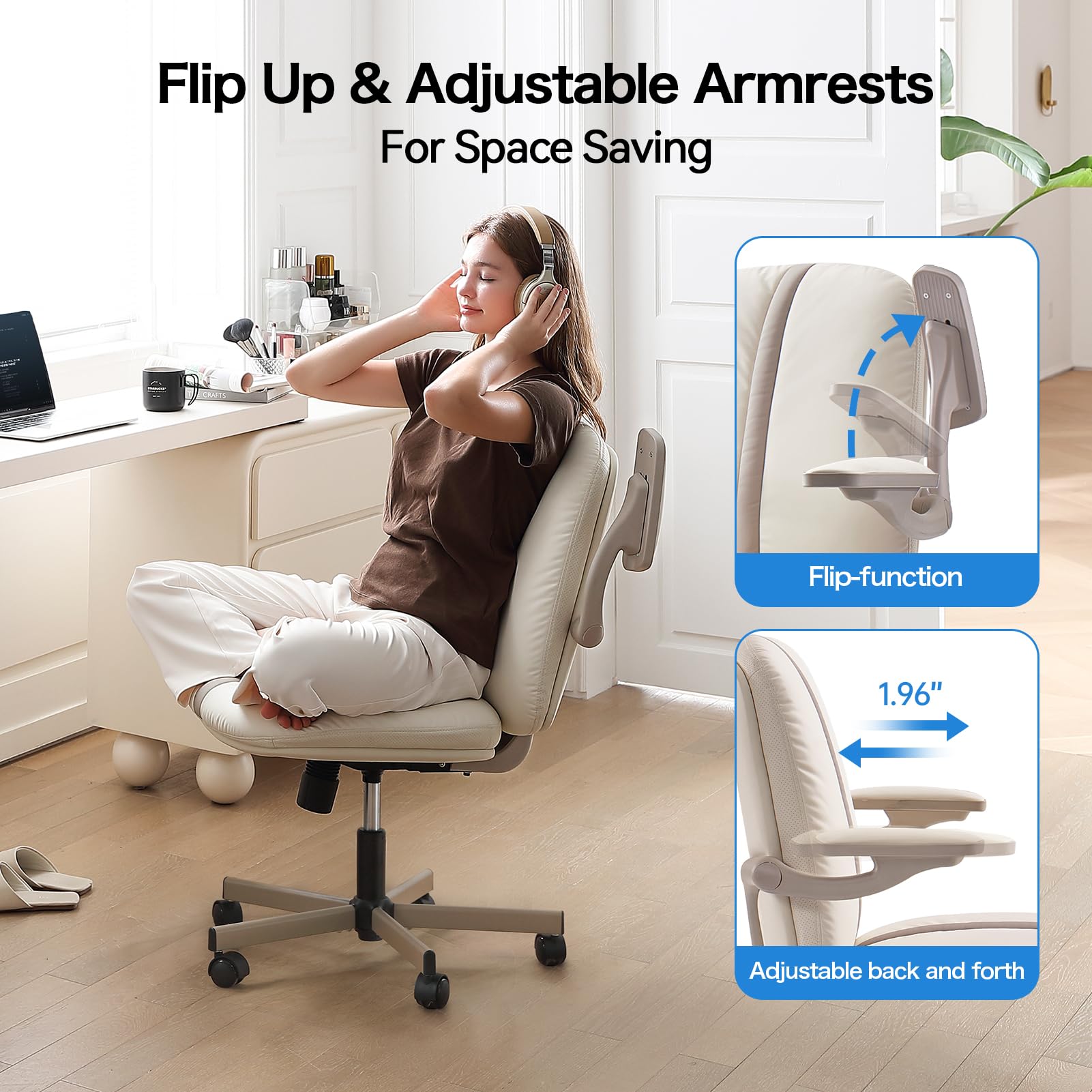 LEAGOO Home Office Desk Chairs with Wheels, Small Desk Chair with Mid-Back, Comfy Flip-up Arms Adjustable PU Leather Swivel Computer Chair, Ergonomic Task Chair for Space Saving, Bedroom, Study, White