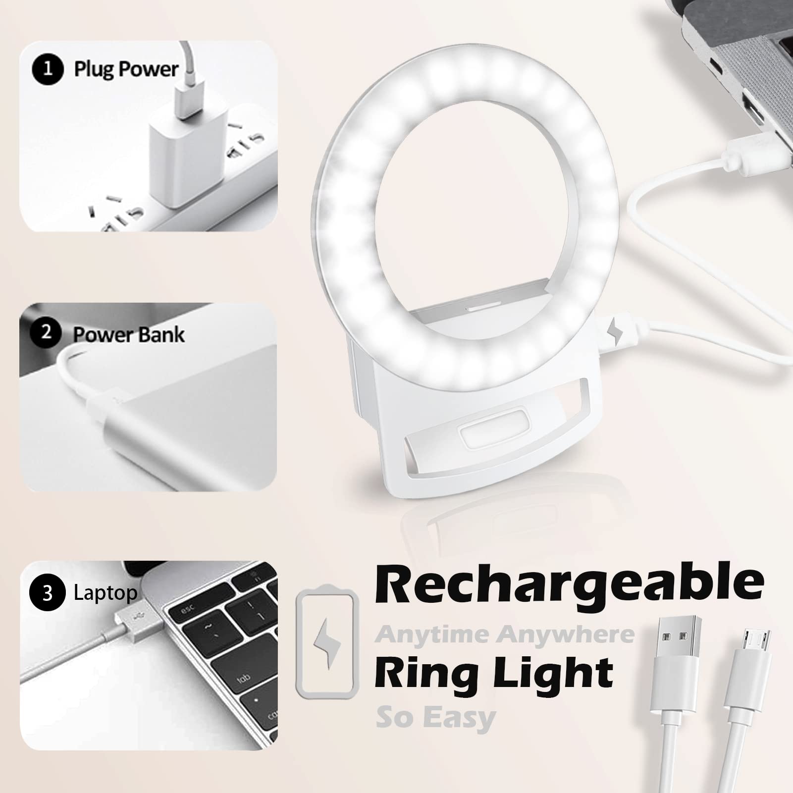 COMEBY Selfie Ring Light, Portable Ring Light with 3 Light Modes, Rechargeable Clip-on Video Conference Light, for Mobile, Laptop, Zoom Meeting, Makeup, TIK Tok
