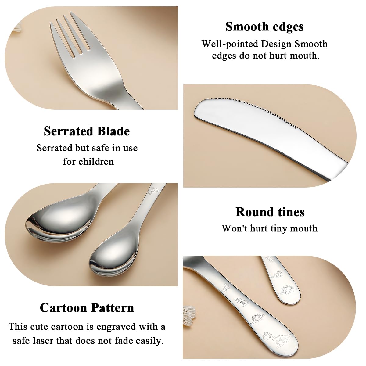 Evanda Toddler Utensils, 4 Pieces Stainless Steel Toddler silverware set, Kids Utensils Forks and Spoons, Mirror Polished Smooth Round Tableware and Dishwasher Safe
