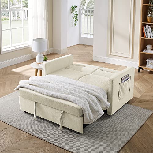 Pull Out Loveseat Sleeper Convertible Sleeper Sofa Bed Full Size Pull Out Couch with Storage Pocket and Adjsutable Back for Small Space Living Room, Beige