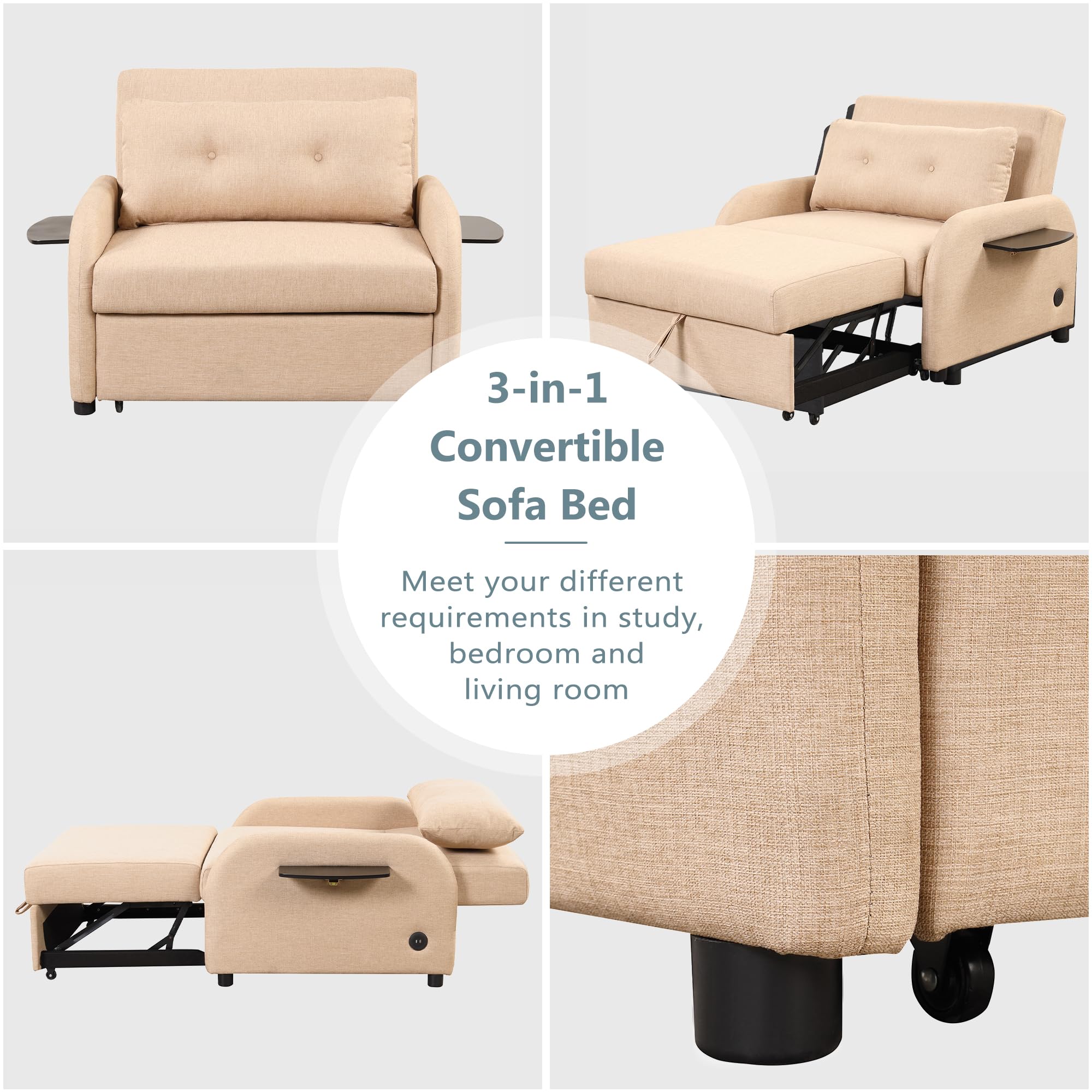 P PURLOVE 3 in 1 Linen Sleeper Sofa Couch Bed, Modern Convertible Sleeper Sofa Bed, Small Sofa Bed with 2 Wing Table Side Pocket and USB Charge for Living Room, Apartment, Beige