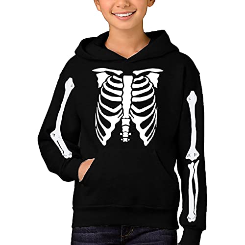 Remimi Kids Halloween Skeleton Pullover Hoodie Pocket Long Sleeve Black Graphic Printed Sweatshirt 13-14 Years