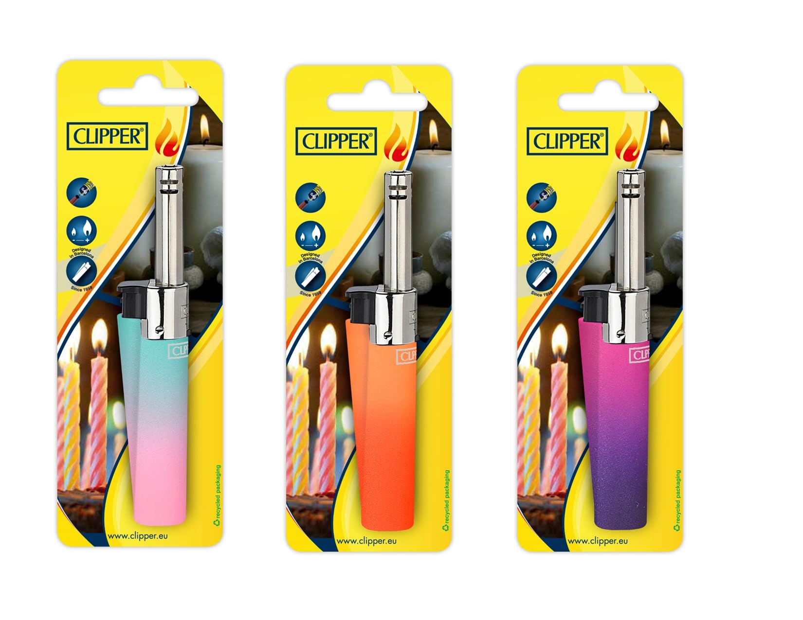 Clipper - Mini Tube Reusable Lighter - Refillable Candle Lighters with Extended Wand and Adjustable Flame - Great Lighters for Candle, BBQ, Firepits, and Use in The Outdoors - 3 Pack - Gradient