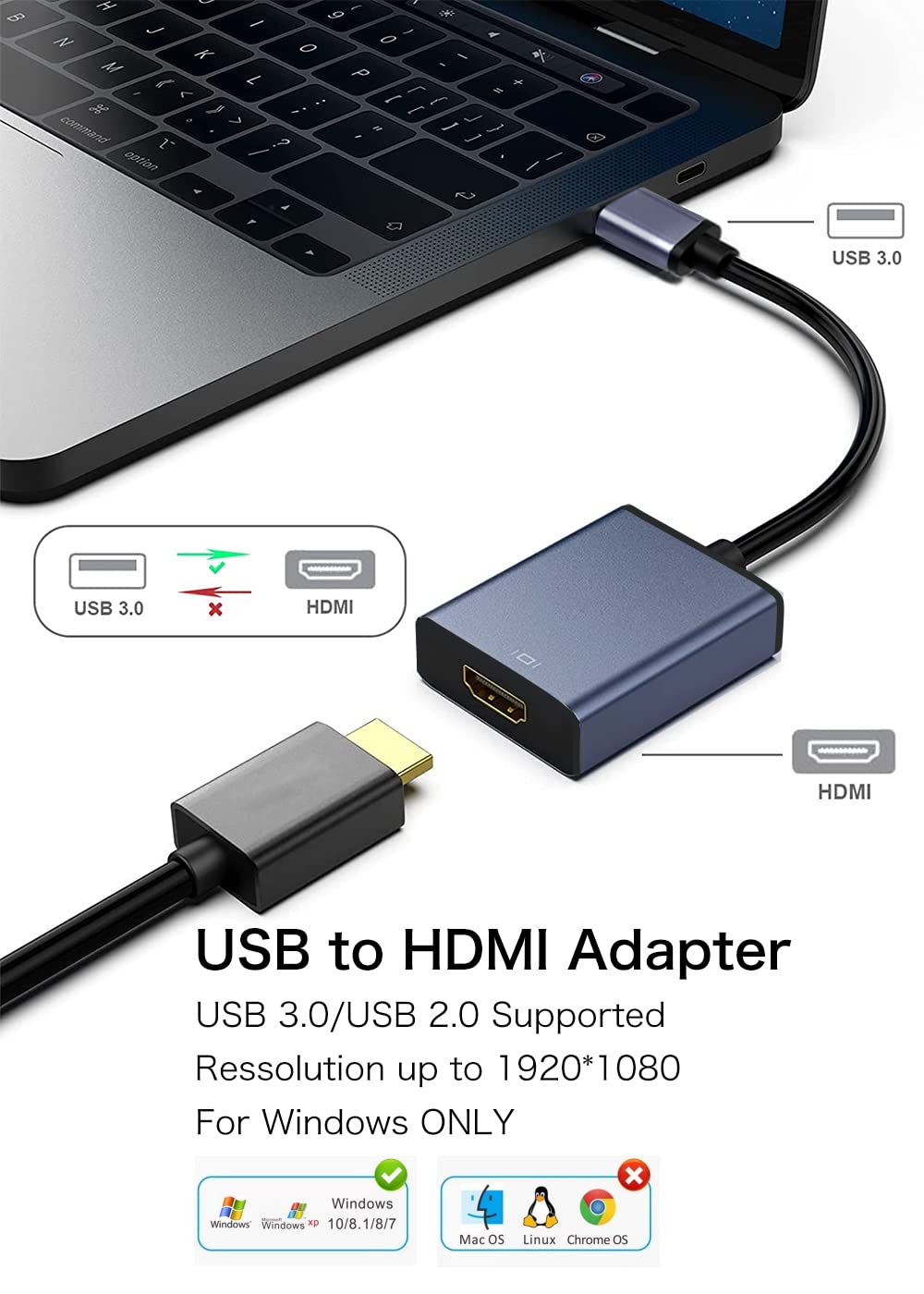 GUSSLM USB to HDMI Adapter, USB 3.0/2.0 to HDMI for Multiple Monitors 1080P Compatible with Windows XP/7/8/10/11 (Blue-Grey)
