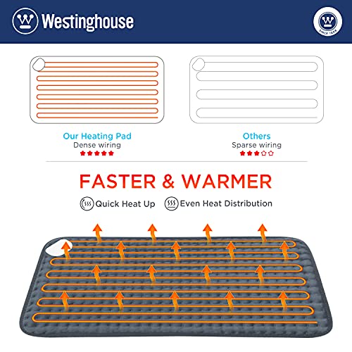 Westinghouse Electric Heating Pad for Back Pain Relief, Heated Neck Shoulder Wrap with 6 Heat Settings, 2-Hour Auto Shut-Off, Machine Washable, Extra Large 12x24 Inches (Grey)