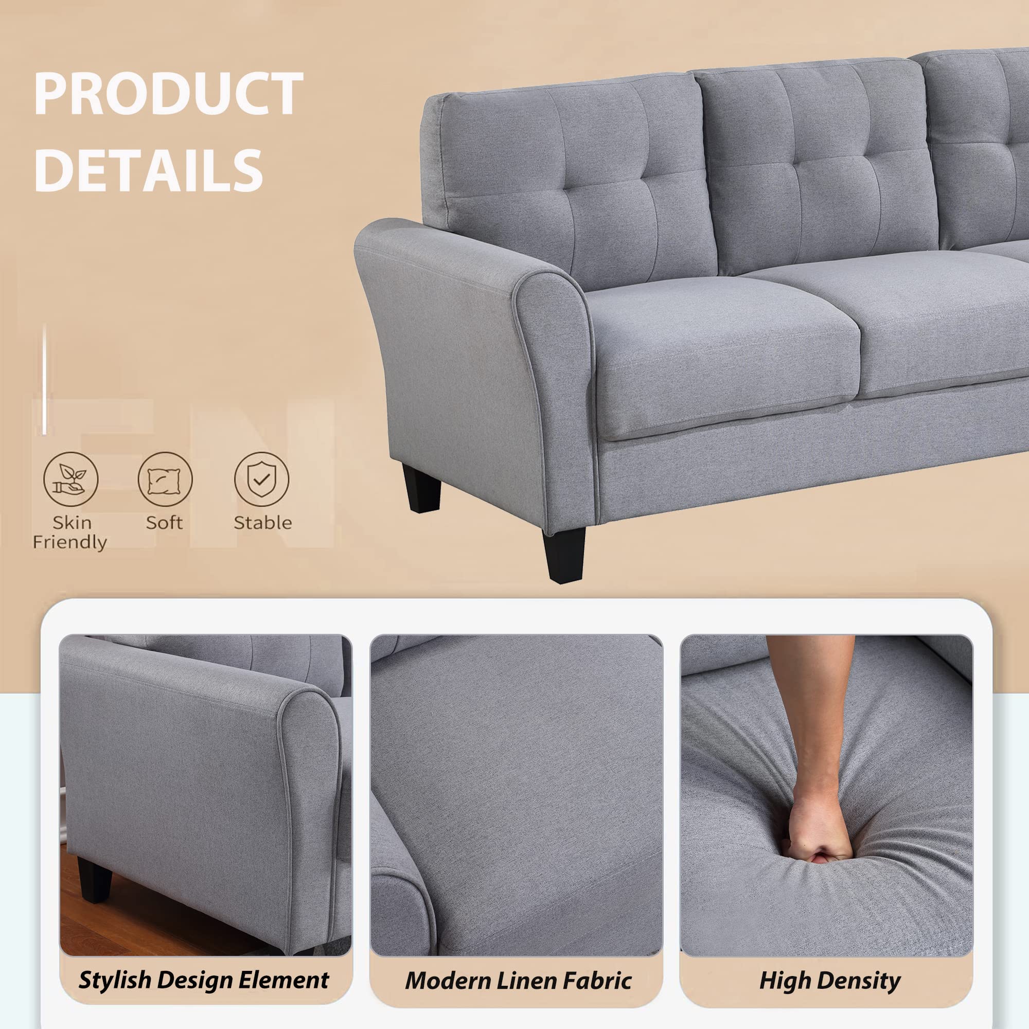 P PURLOVE 3-Seat Sofa for Living Room, Modern Sofa with Comfortable Padded Backrest, Linen Upholstered Couch Furniture for Bedroom, Office, Small Space, Easy Assembly, Light Grey Blue