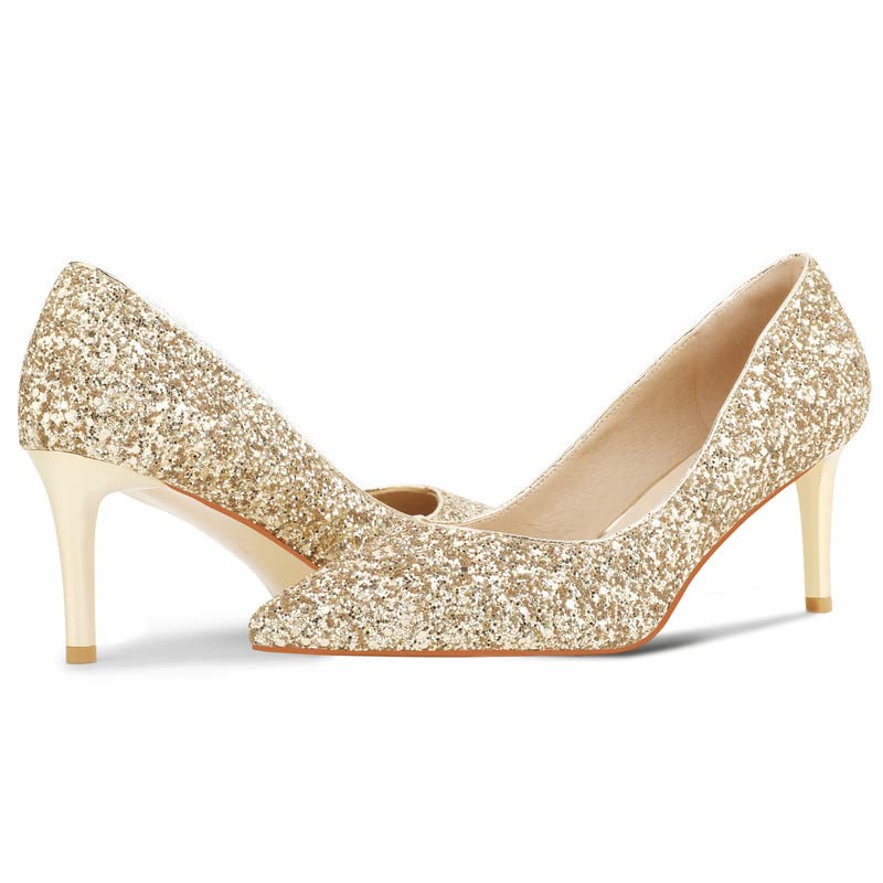 Modatope Women's Gold Pumps High Heels Closed Pointed Toe Stiletto Heeled Sexy Wedding Dressy Slip On Shoes for Bride Size 6.5
