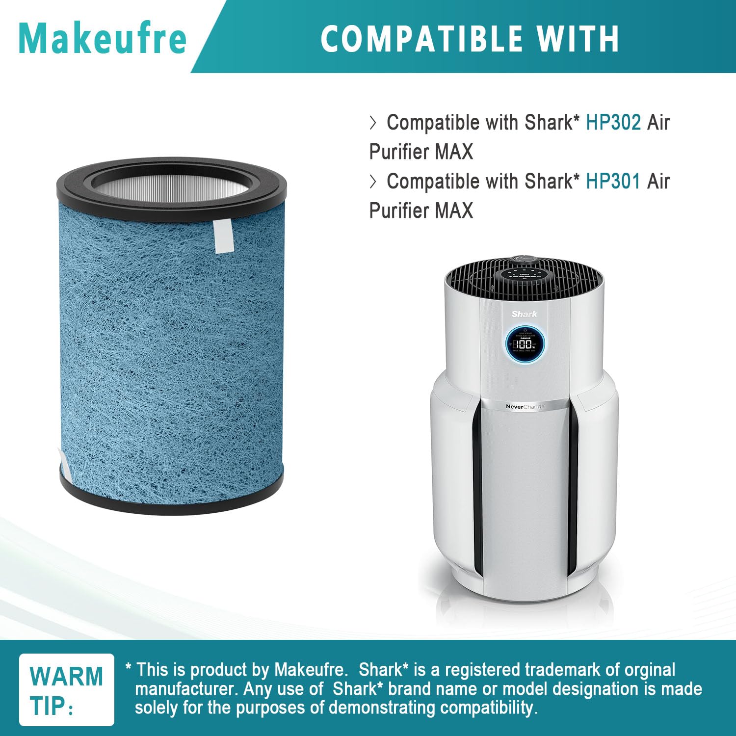 Makeufre HP302 Replacement Filter, Compatible with Shark HP200 & HP300 & HC500 Series Air Purifier MAX HP201 HP202 HP301 HP302 UA205 HC501 HC502, Part # HE2FKBAS, HE2FKBASMB, New Version-1Pack