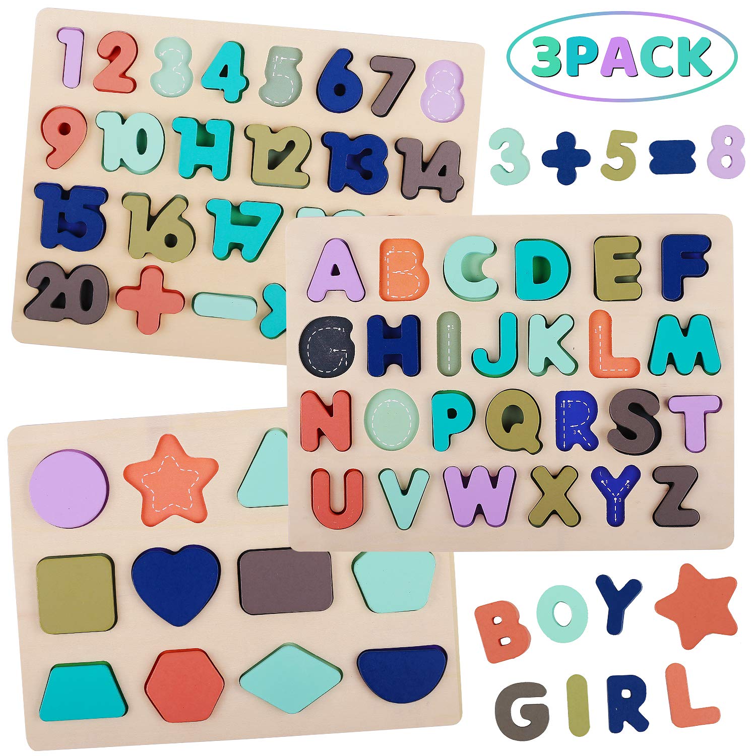 Wooden Puzzles for Toddlers, LENNYSTONE Alphabet Number Shape Puzzles Toddler Preschool Education Learning Toys for Kids Age 3 4 5 Year olds