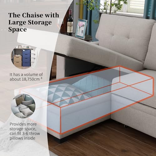 Livavege Convertible Sleeper Sectional Sofa with Pull-Out Couch Bed, L-Shaped Couch w/Storage Chaise, Modern Linen Fabric Corner 3-Seaters Couches for Living Room, Apartment and Small Space