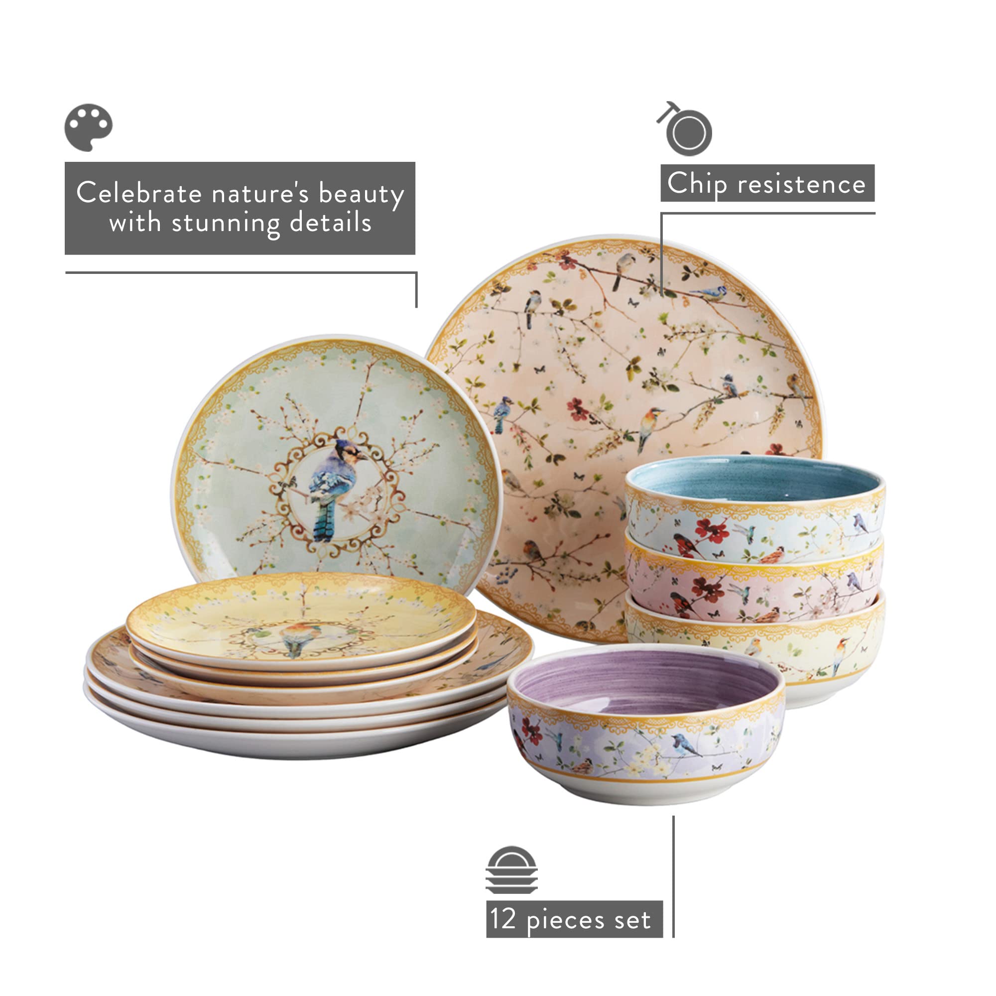 Corona Dinnerware Set 12– piece, Plates and Bowls Set, Ceramic Sets for 4, Microwave and Dishwasher Safe, Susurro Floral and Nature Design