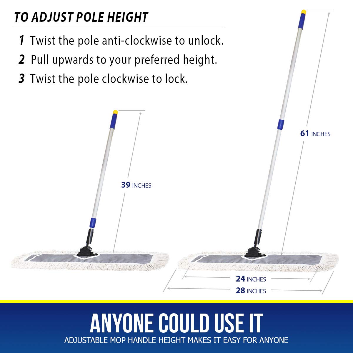 IRONGECKO Premium 24-inch Industrial Class Cotton Wide Dust Mop Head Telescopic Pole Height Max 61" | for Home, Office, Garage | Attracts Dirt, Dust, Water (24 Inch Mop)