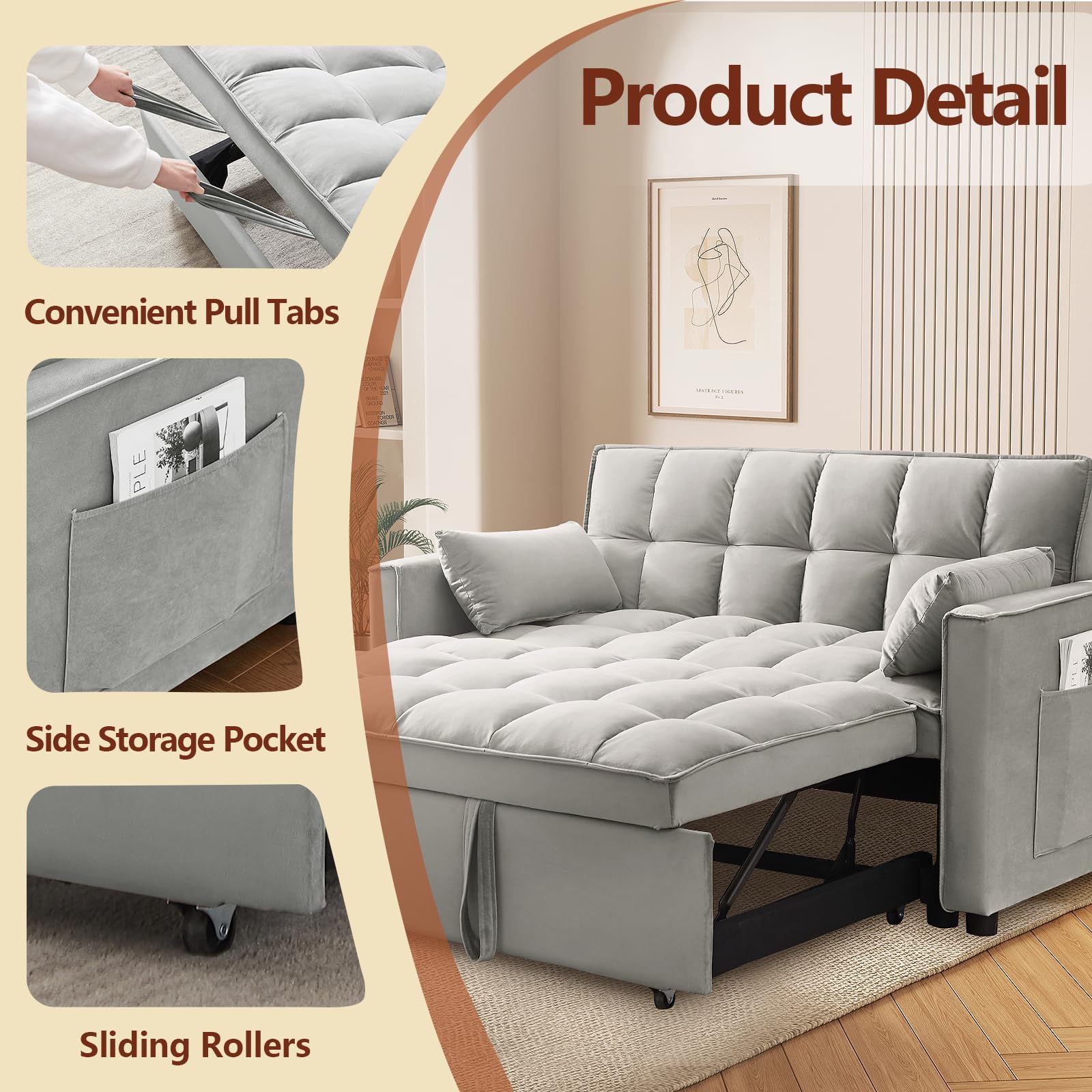 Nonlita Convertible Sofa Bed,3 in 1 Velvet Convertible Sleeper Sofa Bed,Lounge Sleeper Sofa with Pullout Bed,Small Love Seat Lounge Sofa w/Reclining Backrest,Toss Pillows, Pockets,for Living Room,Gray