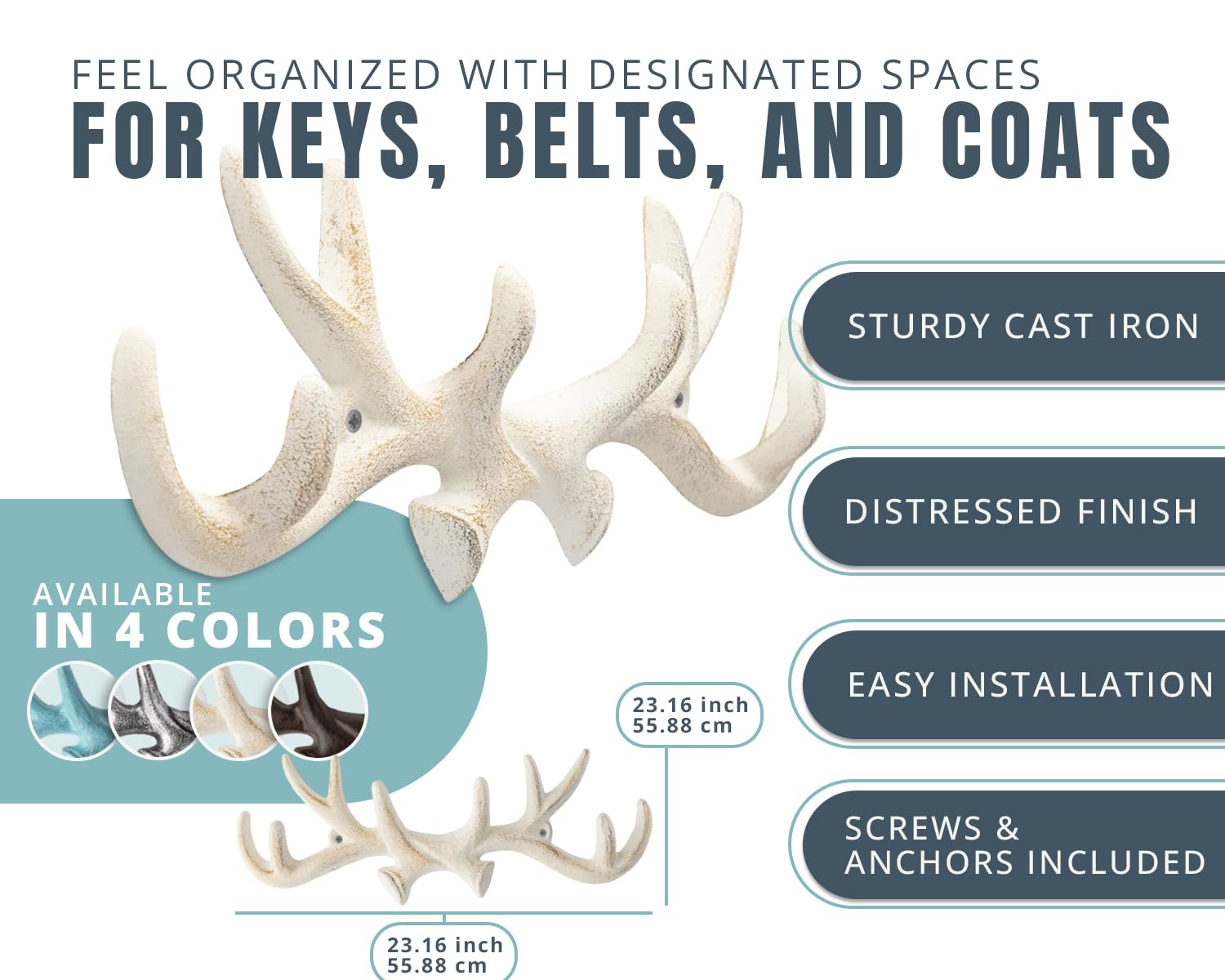 Comfify Vintage Cast Iron Deer Antlers Wall Mounted Hooks | Antique Finish Metal Clothes Hanger Rack w/Hooks | includes Screws and Anchors | in Antique White