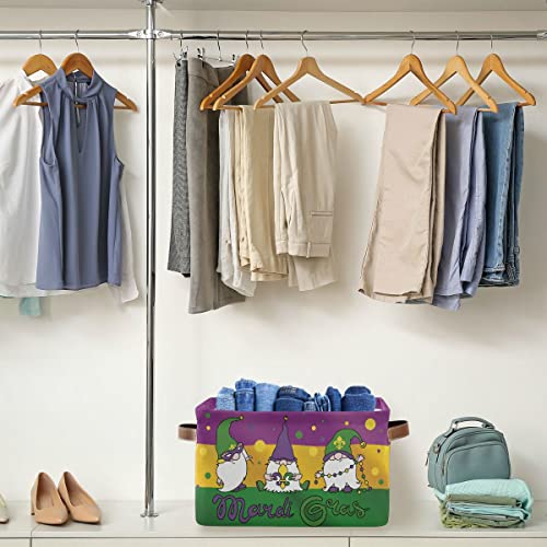 Mardi Gras Gnomes Storage Basket Fabric Laundry Baskets Gold Green Purple Fleur de Lis Mask Beads Confetti Feather Storage Boxes Organizer Bag for Baby Toy Book Storage Cubes Shelf Closet Bins 16×12×8