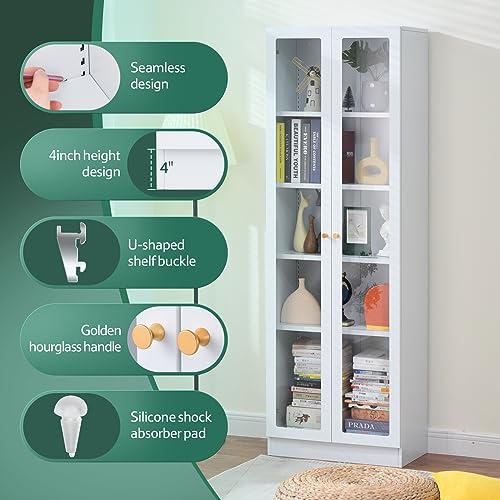 IRONMIX Enclosed Bookshelf with Acrylic Door and Adjustable Shelves, 70 Inch Tall Storage Cabinet 5 Tier, Dust Proof Display Shelf for Home, Office - White