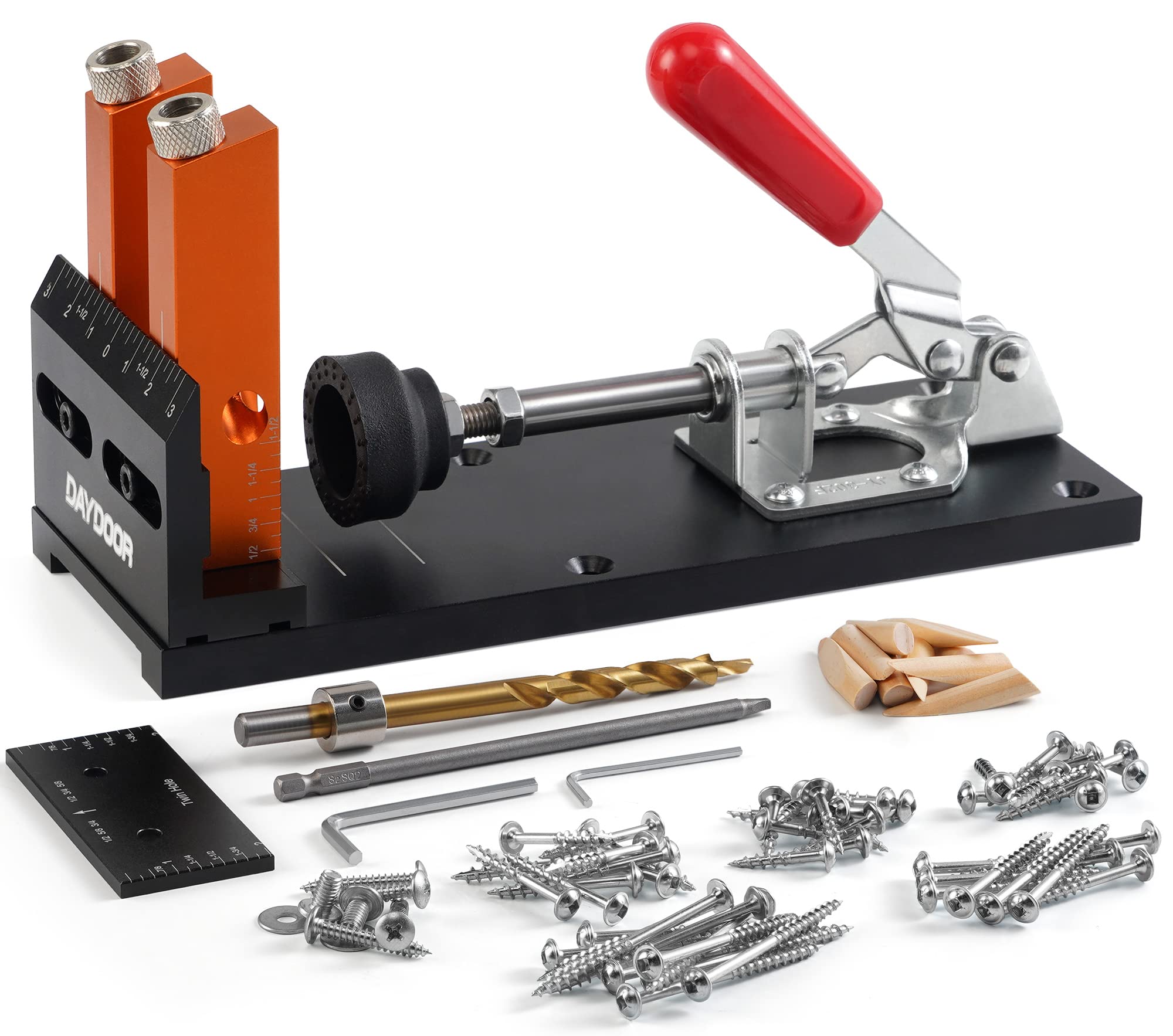 DAYDOOR Pocket Hole Jig Kit, Aluminum Pocket Screw Jig with Removable Jigs, Professional Pocket Hole Drill Guide for DIY Carpentry Projects Orange XC025