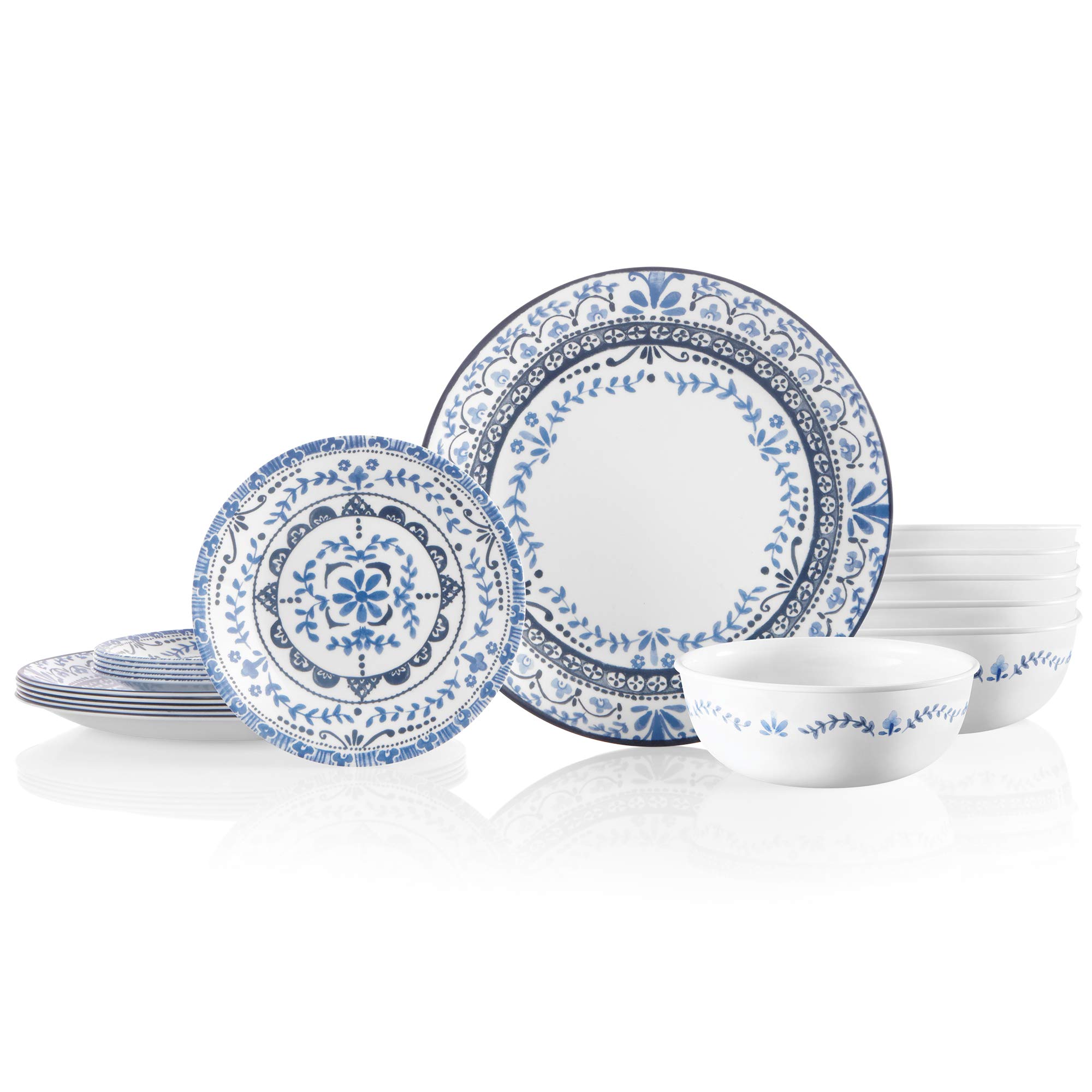 Corelle 18-Piece Dinnerware Set, Triple Layer Glass and Chip Resistant, Includes 6 Dinner Plates, 6 Appetizer Plates, and 18 oz Soup/Cereal Bowls, Classic Style