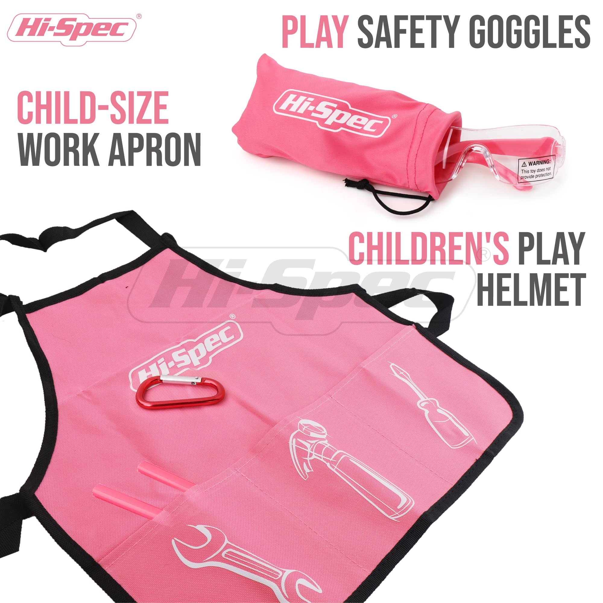 Hi-Spec 18pc Pink Kids Tool Kit Set & Child Size Tool Bag. Real Metal Hand Tools for DIY Building, Woodwork & Construction