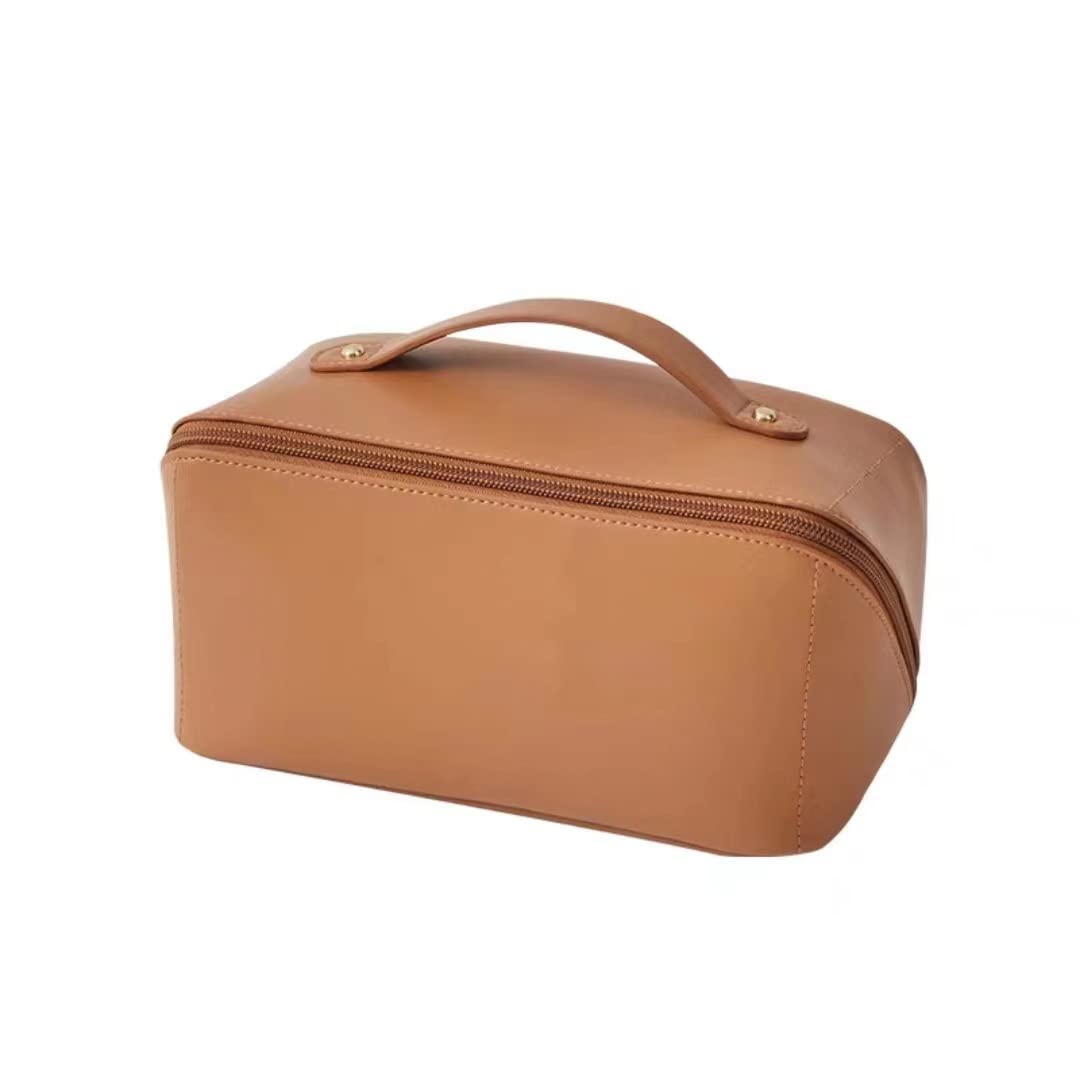 KMUG Large Capacity Travel Cosmetic Bag for Women, Multifunctional Storage Makeup Bag, Waterproof Pu Leather Compartment Cosmetic Cases with Handle and Divider Portable Makeup Pouch (Brown)