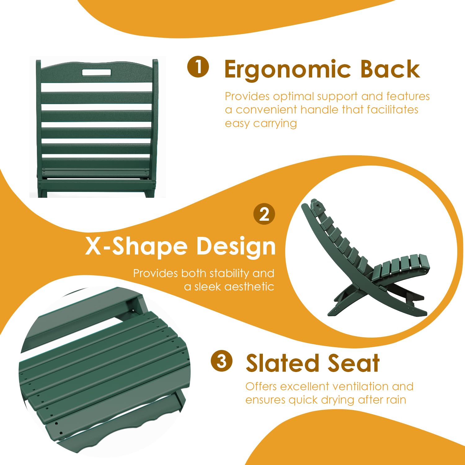 IVY&LANE Portable Xavier-Chairs Set of 4 | Folding-Adirondack-Chair | Wave | HDPE Plastic | Limited Edition | Forest Green | All-Weather Resistant | for Outdoor Fire-Pit Patio Lawn Beach Poolside