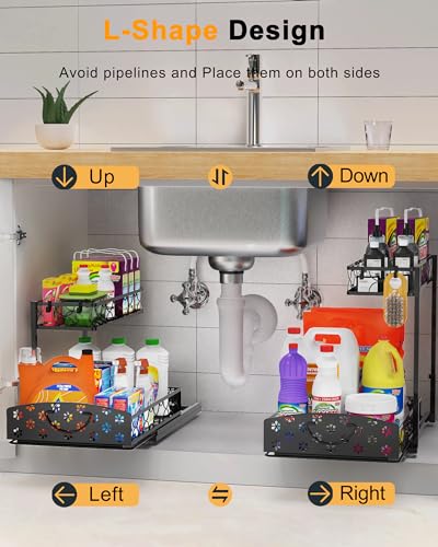 MHHA Under Sink Organizer,Adjustable Height Metal Under Kitchen Cabinet Organizer,2-Tier Sliding Shelf Storage,Multi-Use for Under Kitchen Bathroom Sink Organizers and Storage,Black
