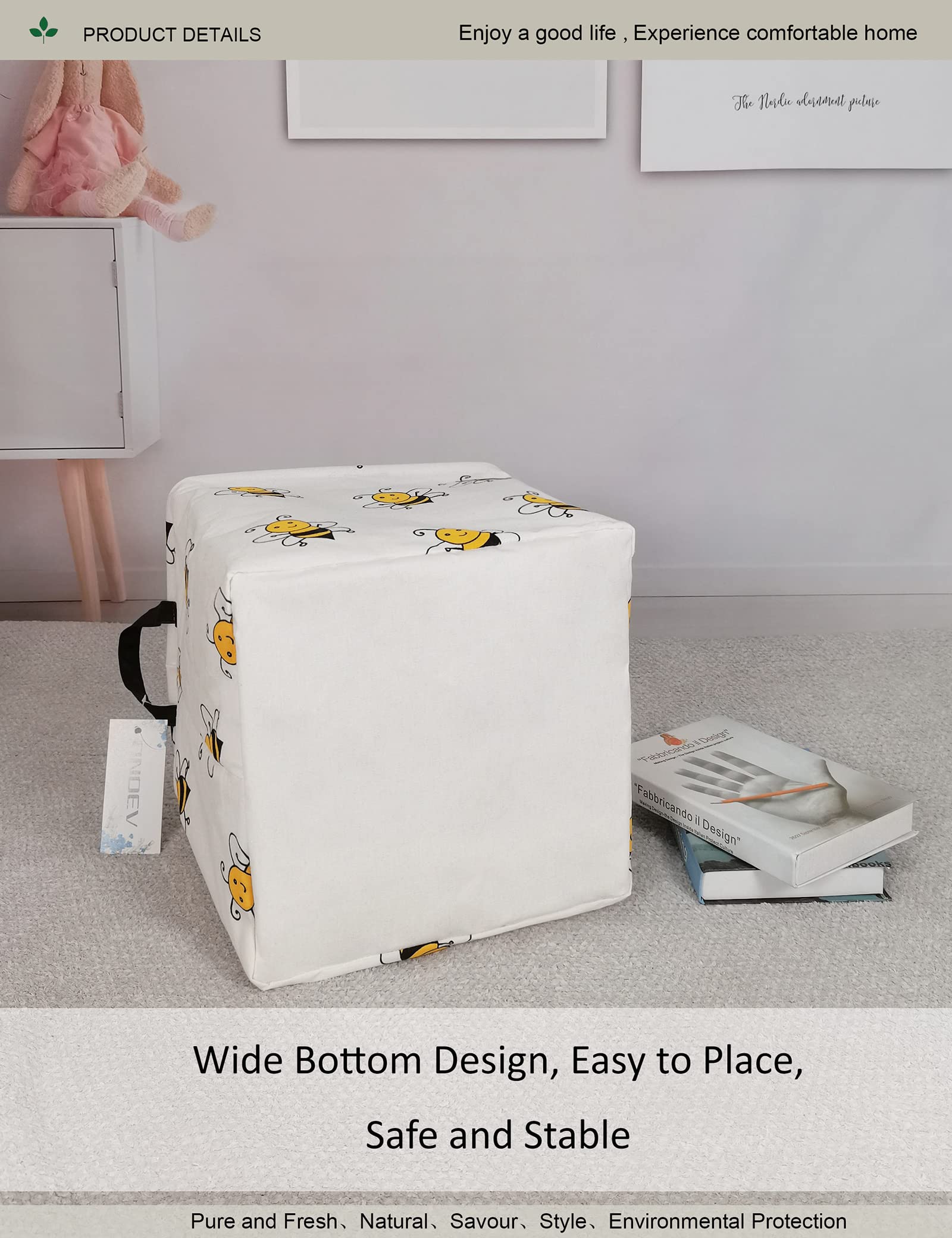 ONOEV Square Folding Laundry Basket, Canvas Basket,Nersury Hamper,Suitable for Children,Office,Bedroom,Clothes,Toys Storage(Bee