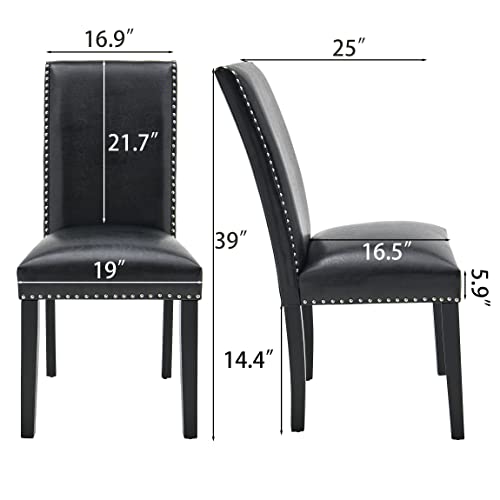 MODERION Parsons Dinning Chairs Set of 2 with Nail-Heads Trim, Faux Leather Kitchen Accent Side Upholstered Seat, Solid Wood Legs, 39'' x 25'' x 19'', Holds Up to 300 Lbs, Assembly Black, CY-1122-BK