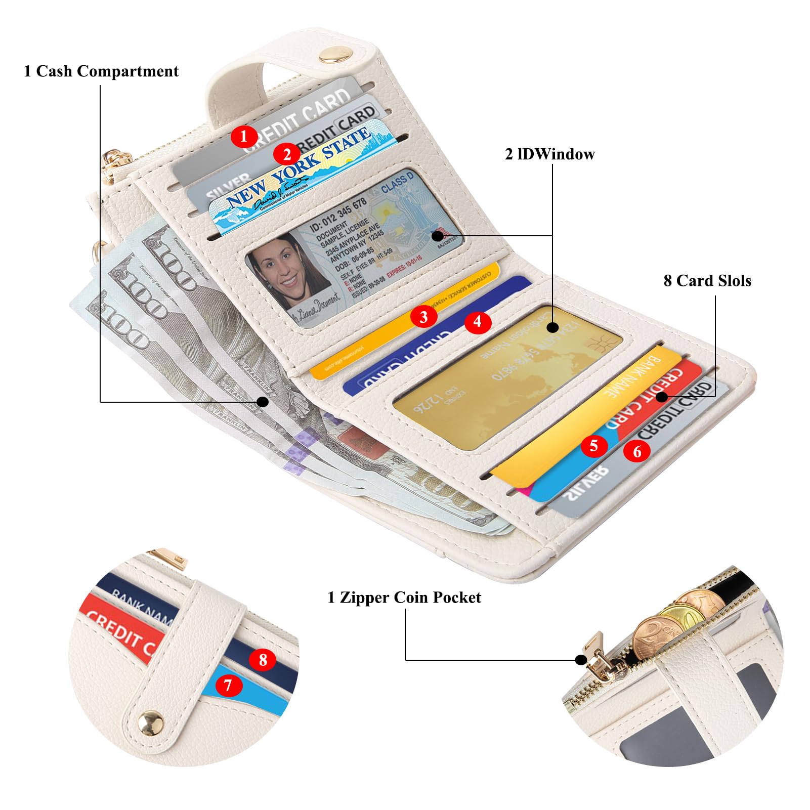 KNGITRYI Small Wallets Woman,Card Wallet Keychain Wristlet Wallets for Women RFID Card Holder with Coin Pocket & Id Window (Beige), SZQB1888