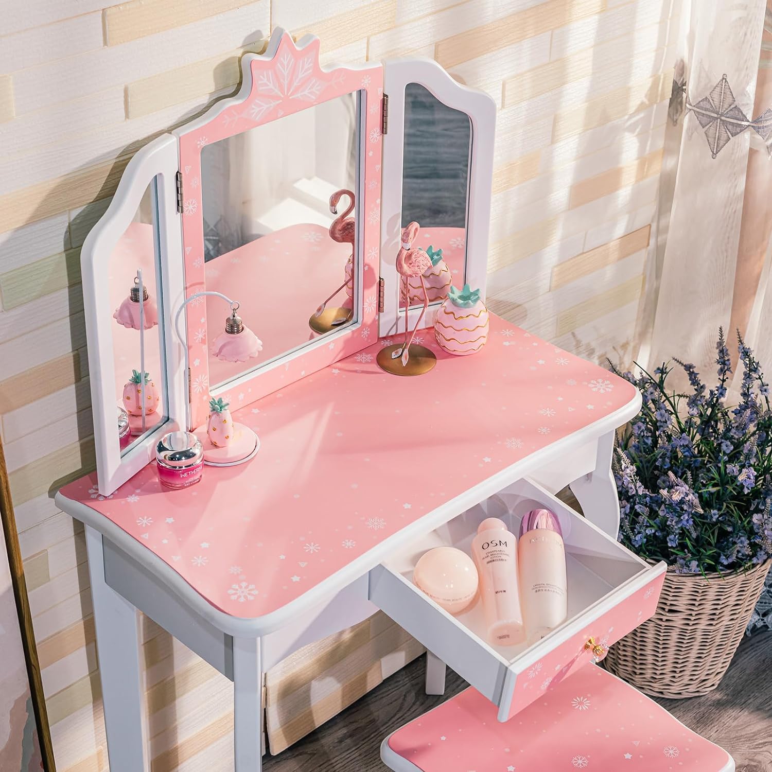 LIZHOUMIL 2-in-1 Princess Makeup Table for Kids - Vanity Set with Mirror, Stool, Tri-Folding Mirror & Drawer - Wooden Pretend Play Dressing Table for Toddler Girls