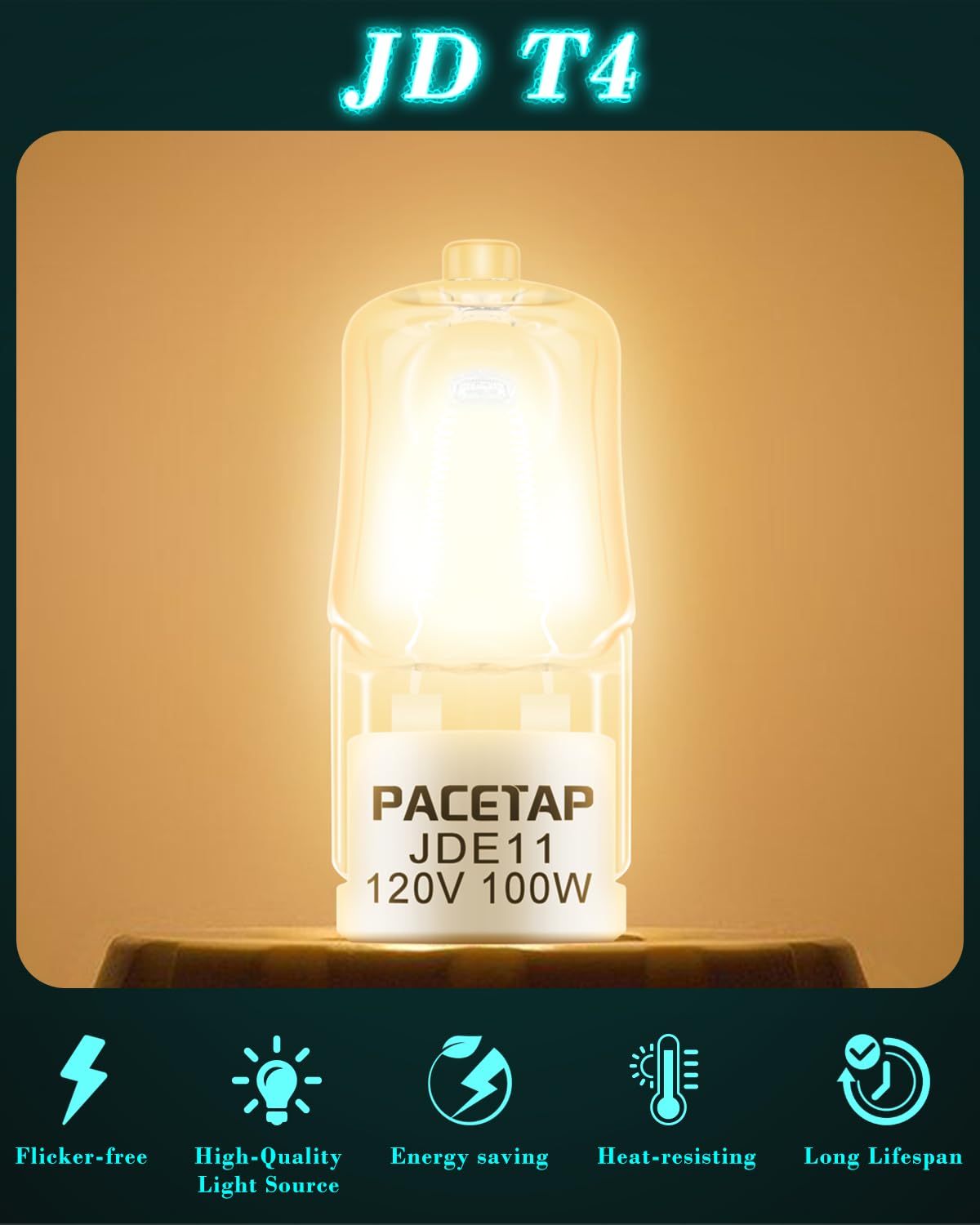 PACETAP 100W JDE11 120V Halogen Light Bulbs, 1200lm 2800K Warm White Dimmable Bulbs with E11 Mini Candelabra Base for Chandeliers, Ceiling Fan, Table Lamps, Cabinet Lighting (4)
