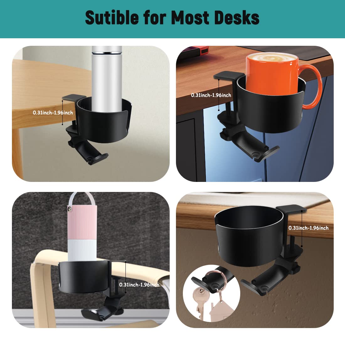 Desk Cup Holder, Sturdy 2-in-1 Anti-Spill Cup Holder for Desk or Table with 360° Rotatable Headphone Hanger, Durable Table Cup Holder with Cable Organizer,Holding Coffee Mups,Water Bottles,Headphones
