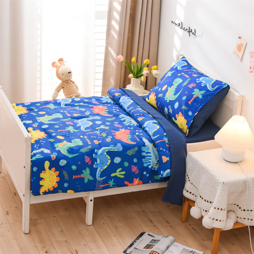 Holawakaka 4 PCS Boys Dinosaur Toddler Bedding Set, Colorful Dinosaurs Printed on Navy Blue, includes Quilted Comforter, Fitted Sheet, Flat Sheet, and Pillow Case for Kids