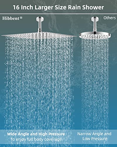 Hibbent All Metal Rain Shower Head, High Pressure 16 Inch Large Rainfall Showerhead, Stainless Steel Square Bathroom Shower Head with Adjustable Brass Ball Joint, Self-cleaning Silicon Nozzle, Chrome