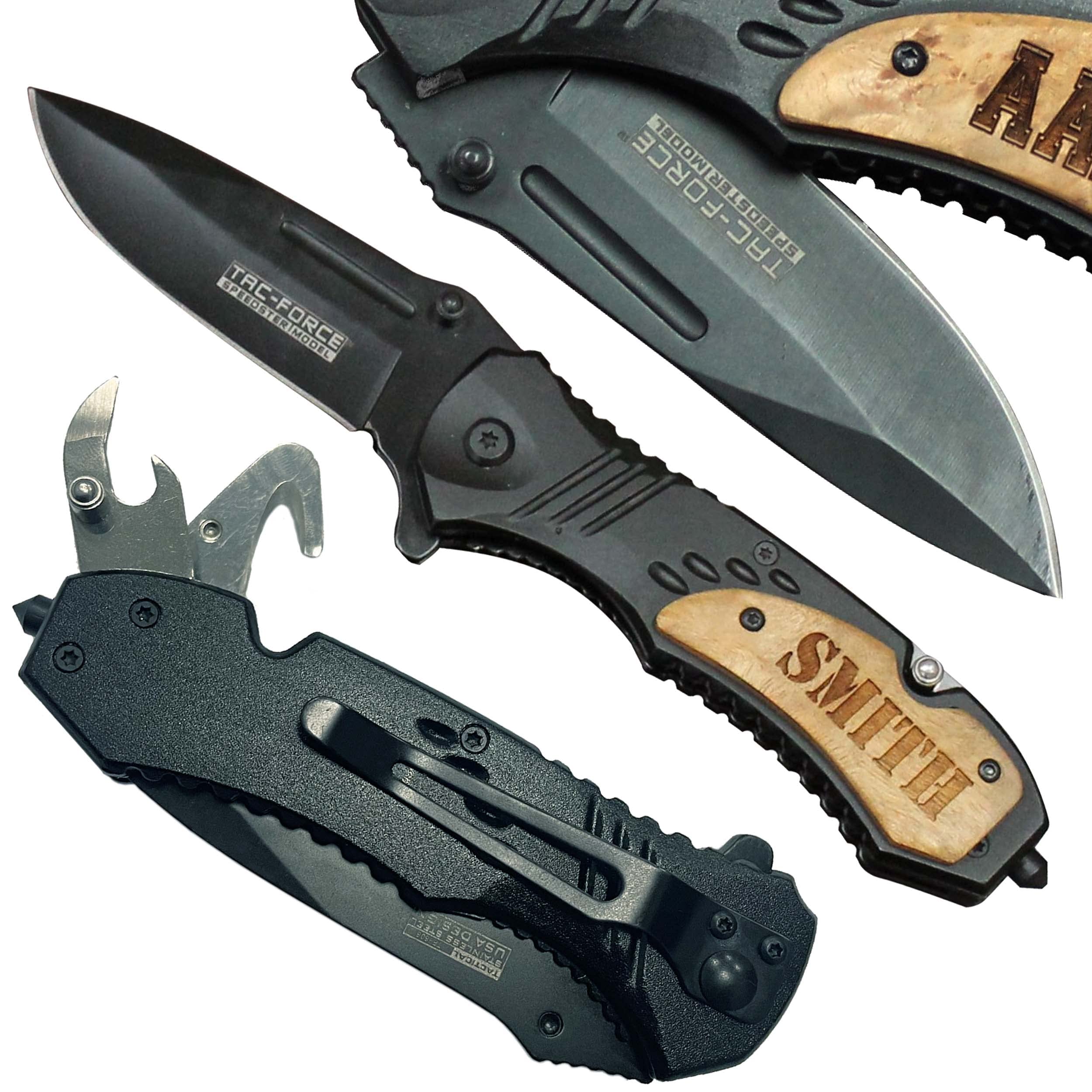 My Personal Memories Engraved Personalized Wood Handle Rescue Pocket Knife - Father's Day Groomsmen Gifts - All Black Knife
