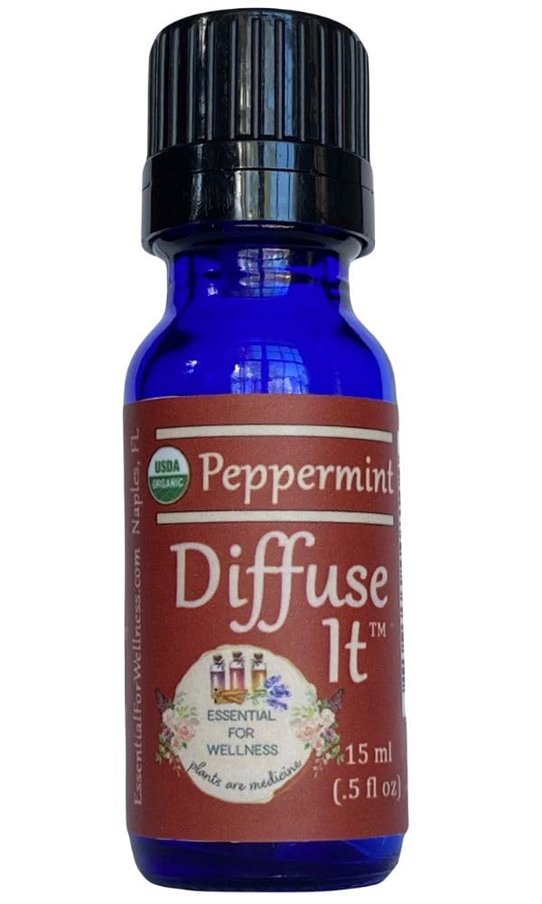 Diffuse It USDA Certified Organic Peppermint Essential Oil, 15 mL (.5 oz), 100% Natural Aromatherapy, Therapeutic Grade, Massage