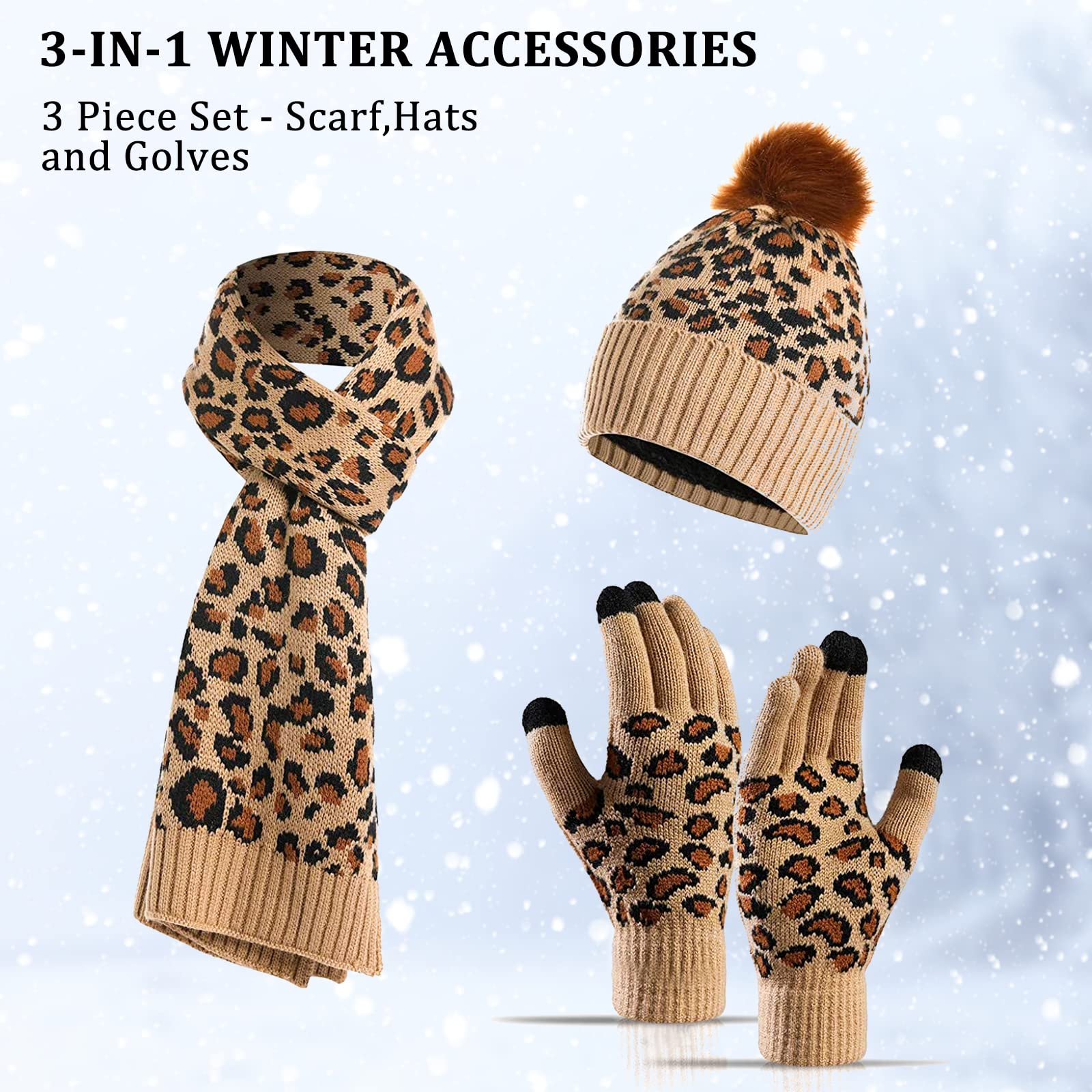 CNCHUROU Winter 3 in 1 Scarf Hat Glove Set for Women Beanie Hat Long Scarf Touch Screen Gloves Leopard Knitted with Pom