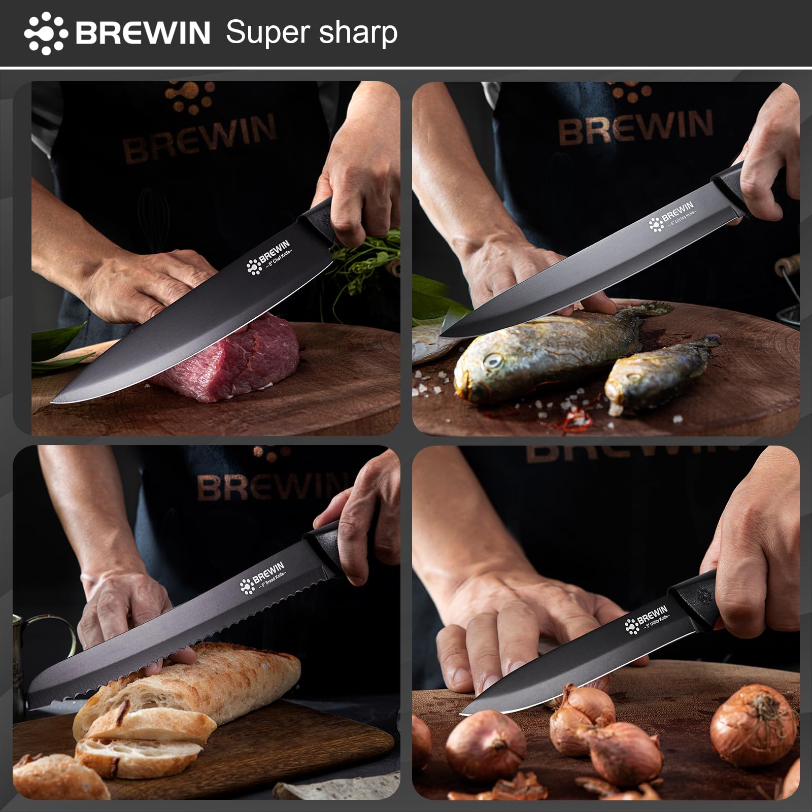 Knife Set, Brewin Kitchen Knife Set, Knives Set for Kitchen, Universal Knife Block, Utility Knife Block Set, Kitchen Essentials, New Home Essentials, Apartment Essentials, Dishwasher Safe, All Black