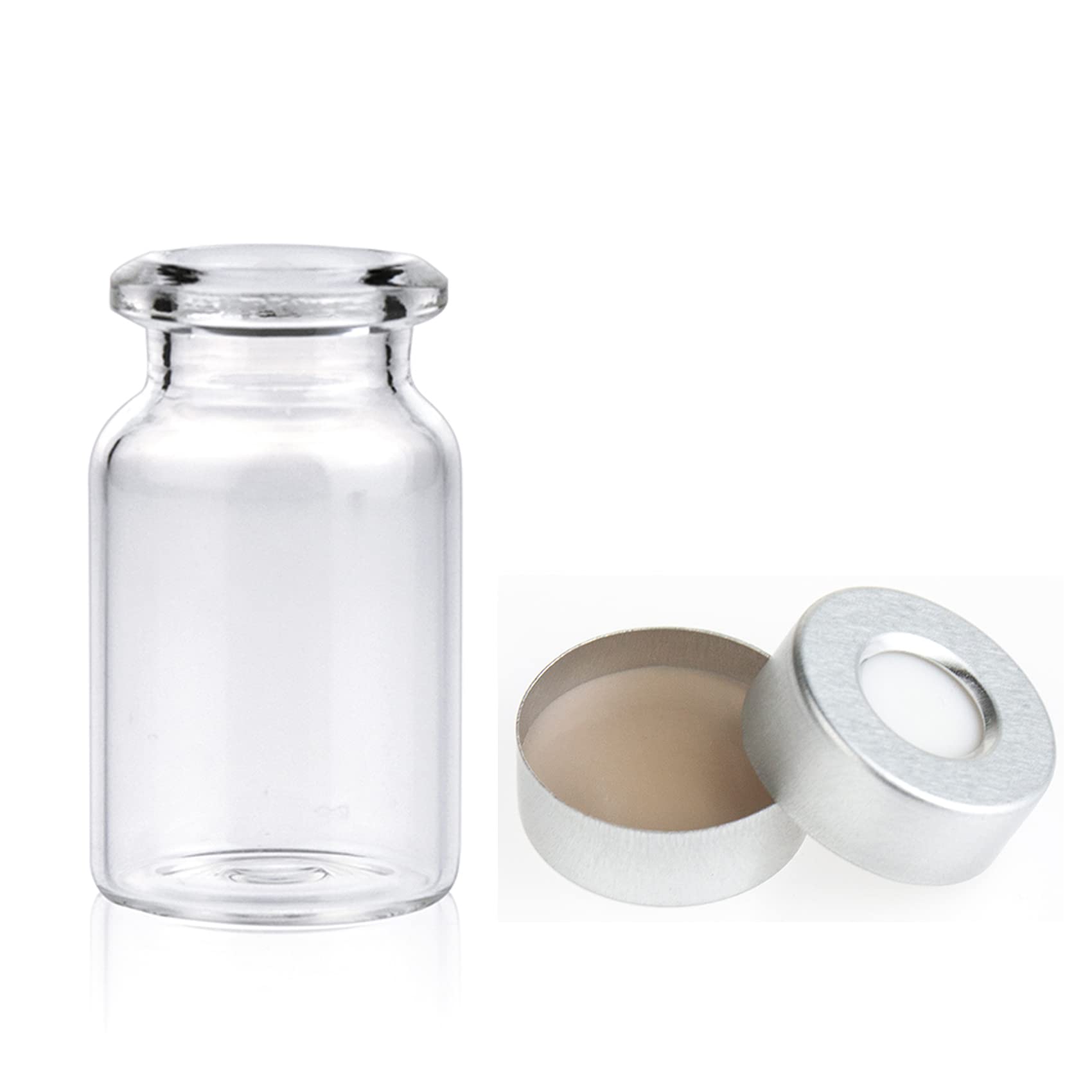 PEKYBIO 20mm, Headspace Vial, 6ml Capacity, Flat Bottom, Beveled Finish, Short Neck, 22x38mm, and Aluminum Crimp Seal with Natural PTFE/White Silicone Septa