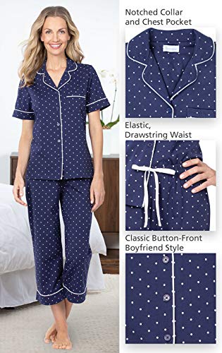 PajamaGram Capri Pajamas for Women - Cotton PJs Women, Polka Dot, Navy, L, 14-16