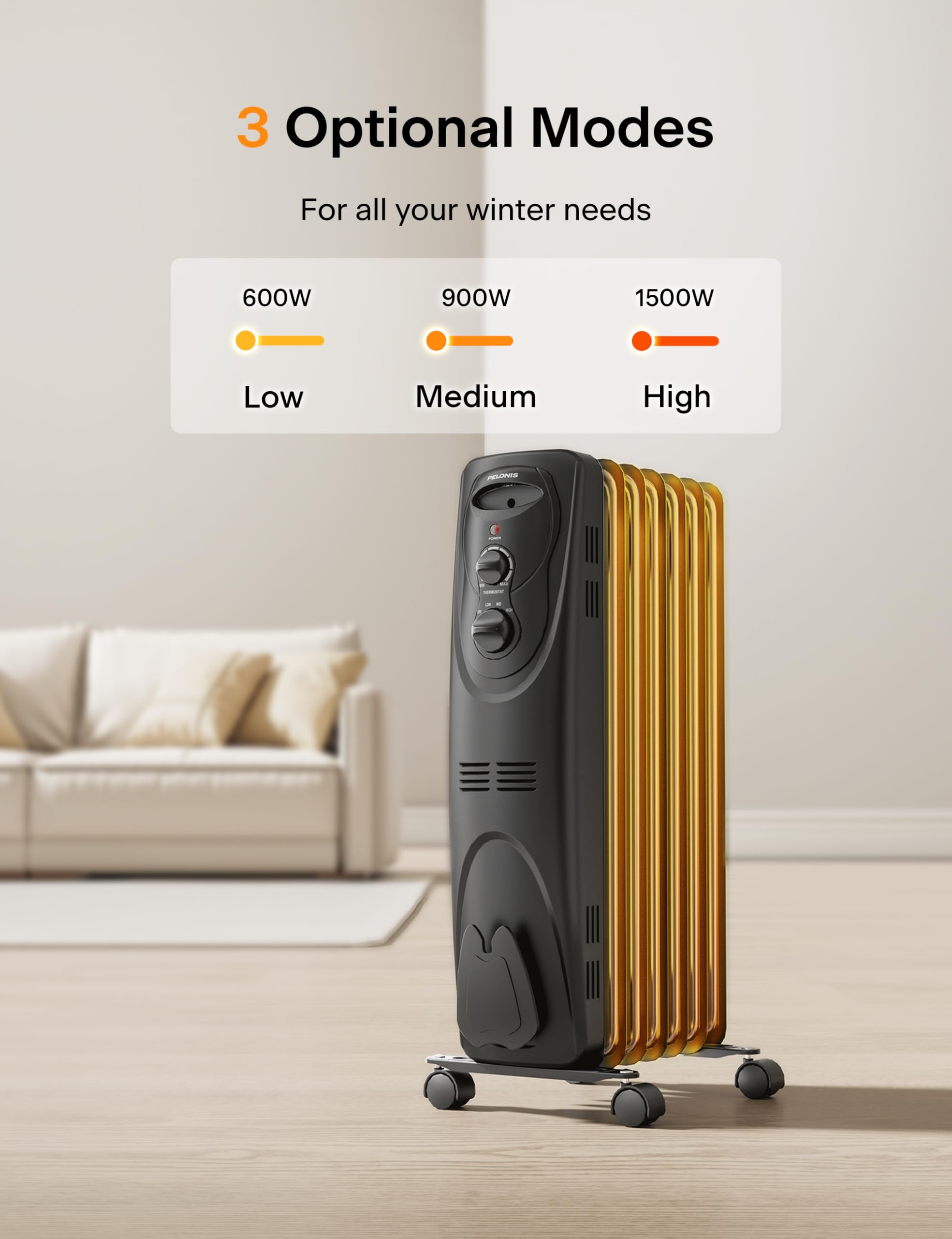 PELONIS Oil Filled Radiator Heater for indoor use Large Room Safe with Thermostat, 1500W Energy Efficient Quiet Space Heater, 3 Heat Settings, Overheat & Tip-Over, Black