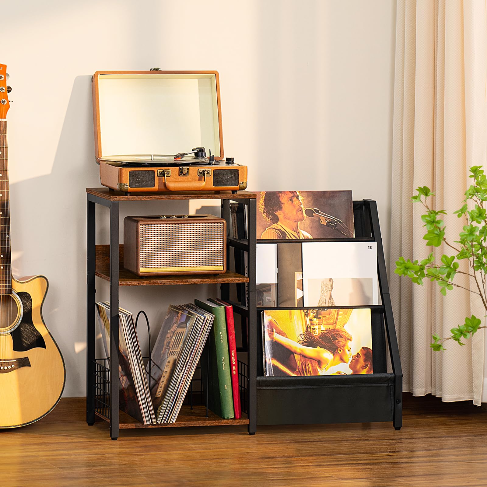 LELELINKY Record Player Stand with Vinyl Storage, 3 Tier Turntable Stand with Display Shelf Storage Up to 150 Albums,Brown End Table for Living Room