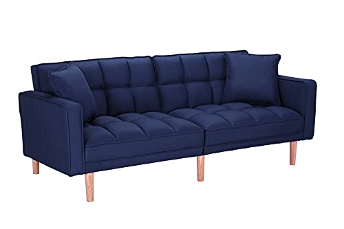 Modern Futon Sofa Bed, 75" Convertible Sleeper Sofa with Armrests and Guests w/ 2 Pillows, Recliner Couch with 5 Solid Wooden Legs, Twin Size Sofa for Living Room (Navy Blue+Fabric)